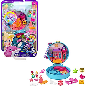 Polly Pocket Compact Playset, Dolphin Beach with Micro Polly, Mermaid Doll & Accessories, Travel Toys with Surprise Reveals