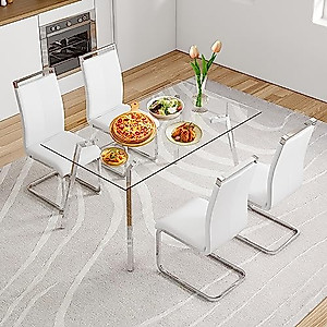 Glass Dining Table Set for 4,Rectangle Dinner Table with 4 White Leather Kitchen Chairs,51 in Kitchen Room Dining Set,0.31” Tempered Glass Table Top with Silver Metal Legs,4 Dining Chairs