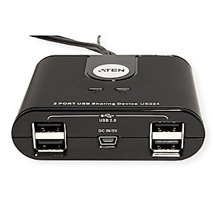 ATEN US224 2 x 4 USB 2.0 Peripheral Sharing USB Switch 2 Computers Share 4 Devices Simple Remote Port Selector Included Supports Optional USB Power Adapter - Windows Mac Linux