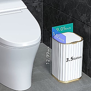 MOPALL 3.5 Gallon Automatic Trash Can,Waterproof Slim Touchless Bathroom Garbage Can with a Lid(White with Gold Trim)
