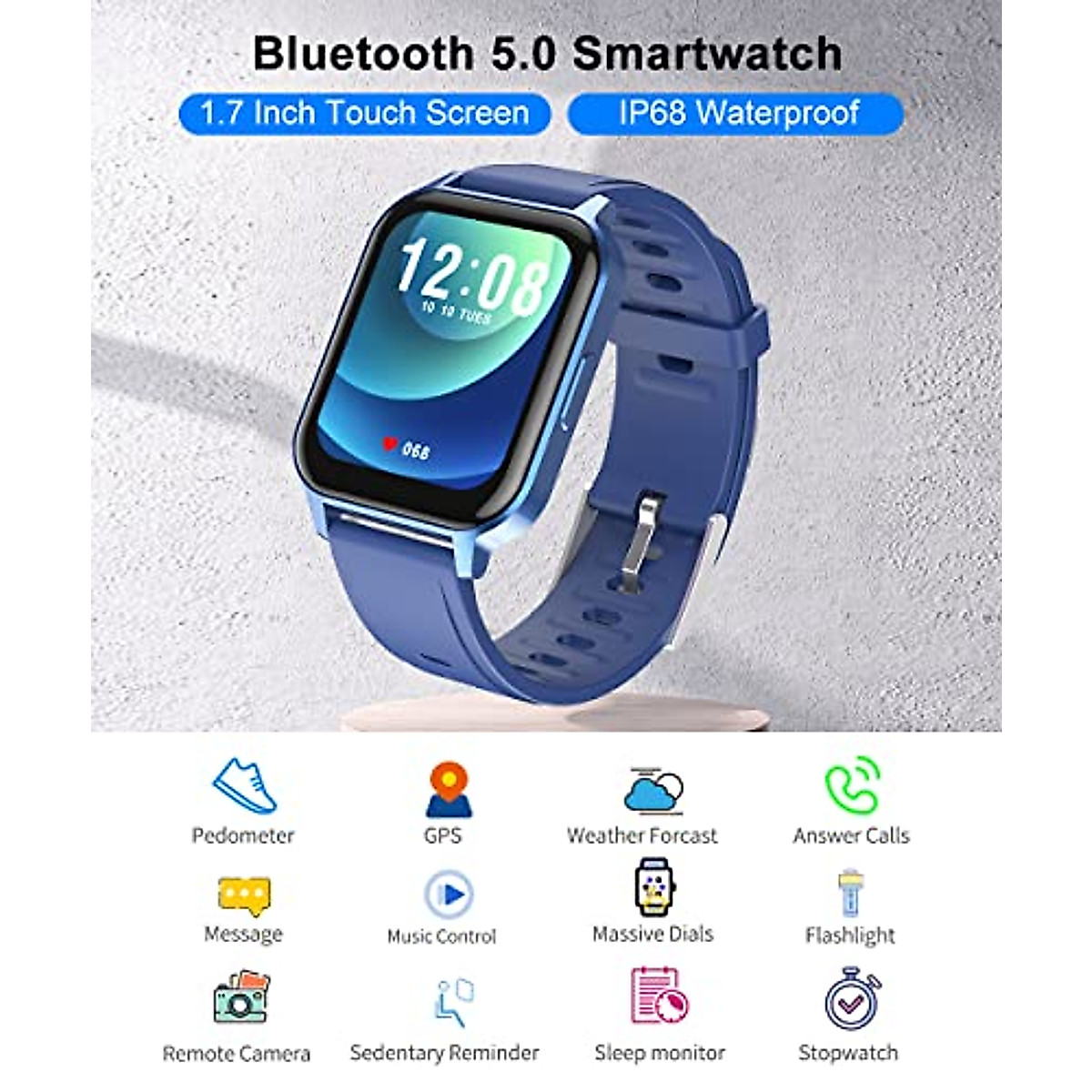Jassco Smart Watch, Fitness Tracker for Android Phones and iPhone with Pedometer, Sleep Monitor, Music Control, IP68 Waterproof Bluetooth Sport Watch Activity Tracker with 1.7’’ Touch Screen -Blue