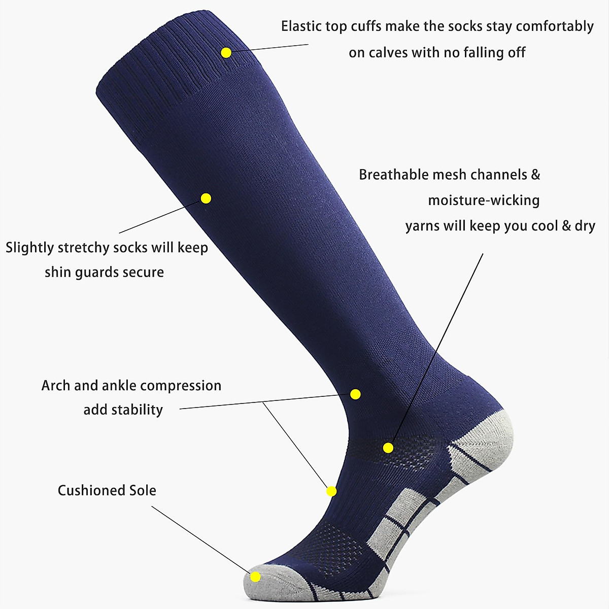 CWVLC Boy's Soccer Socks 3 Pairs Youth Softball Sport Team Athletic Knee High Long Tube Cotton Compression Socks Navy Blue Small (3Y-5Y Youth/ 4-6 Women)