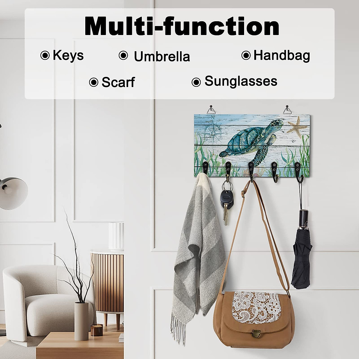 JasmineM Sea Turtle Ocean Key Holder for Wall Decorative, Wood Wall Mounted Key Rack with 5 Key Hooks, Keys Hanger Organizer for Entryway Hallway Office Home Decor, Rustic Wood Beach Starfish