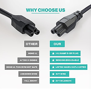 3 Prong AC Laptop Power Cord 5Ft Universal Power Cable | 125V | for Dell HP LG Lenovo Asus Acer Toshiba Sony Laptops/Notebooks, Monitors, Printers, Scanners NEMA 5-15P to C5 Power Cable