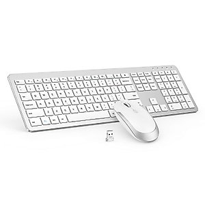 Full Size Slim Thin Wireless Keyboard and Mouse Combo with Numeric Keypad with On/Off Switch - White & Silver