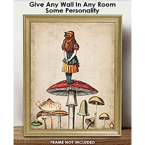 Whimsical Alice Atop Mushrooms Wall Art Print - 11x14 Unframed Picture For Home, Office, Classroom, Dorm, Living Room & Bedroom Decor - Creative Gift Idea For Alice Fans