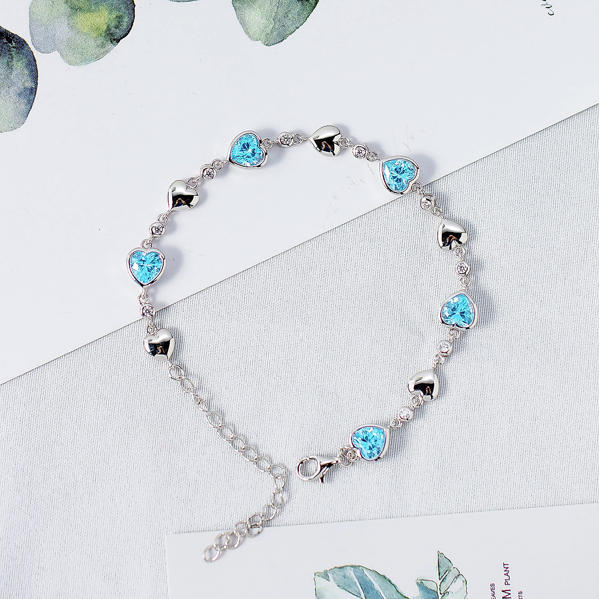 Carleen March Birthstone Bracelet Sterling Silver Aquamarine Bracelet for Women Heart Station Tennis Bracelet Jewelry Gifts Valentines Day Gifts for Women