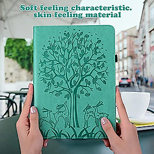 VODEFOX Case Fits Amazon Kindle Fire 7 Tablet (2022 Release-12th Gen) Latest Model 7",PU Leather Folio Stand Embossed Deer&Tree Cover with Elastic Band Stylus Slim Fit Protective Cover - Green