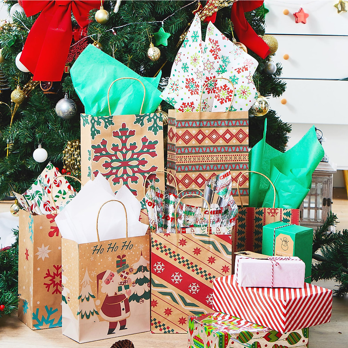 JOYIN 150 Pieces Christmas Wrapping Tissue Paper w/ Hologram & Prints for Gift Decoration, Gift Wrapping Boxes and Bags, Holiday Gift Extra-Special, Christmas Trees, Wine Bottles, Art & Craft and More