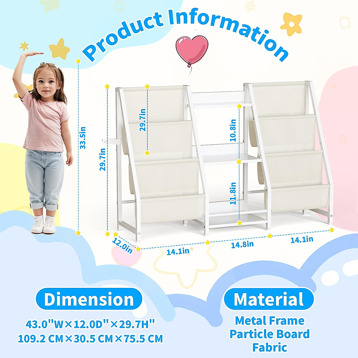 Kids Bookshelf Toy Storage Organizer - Book Shelf for Kids Rooms, 2 Sides Kids Bookcase with 3 Tired Kids Toy Storage Organizer, White Toddler Baby Bookshelf Book Shelves for Bedroom Nursery Playroom