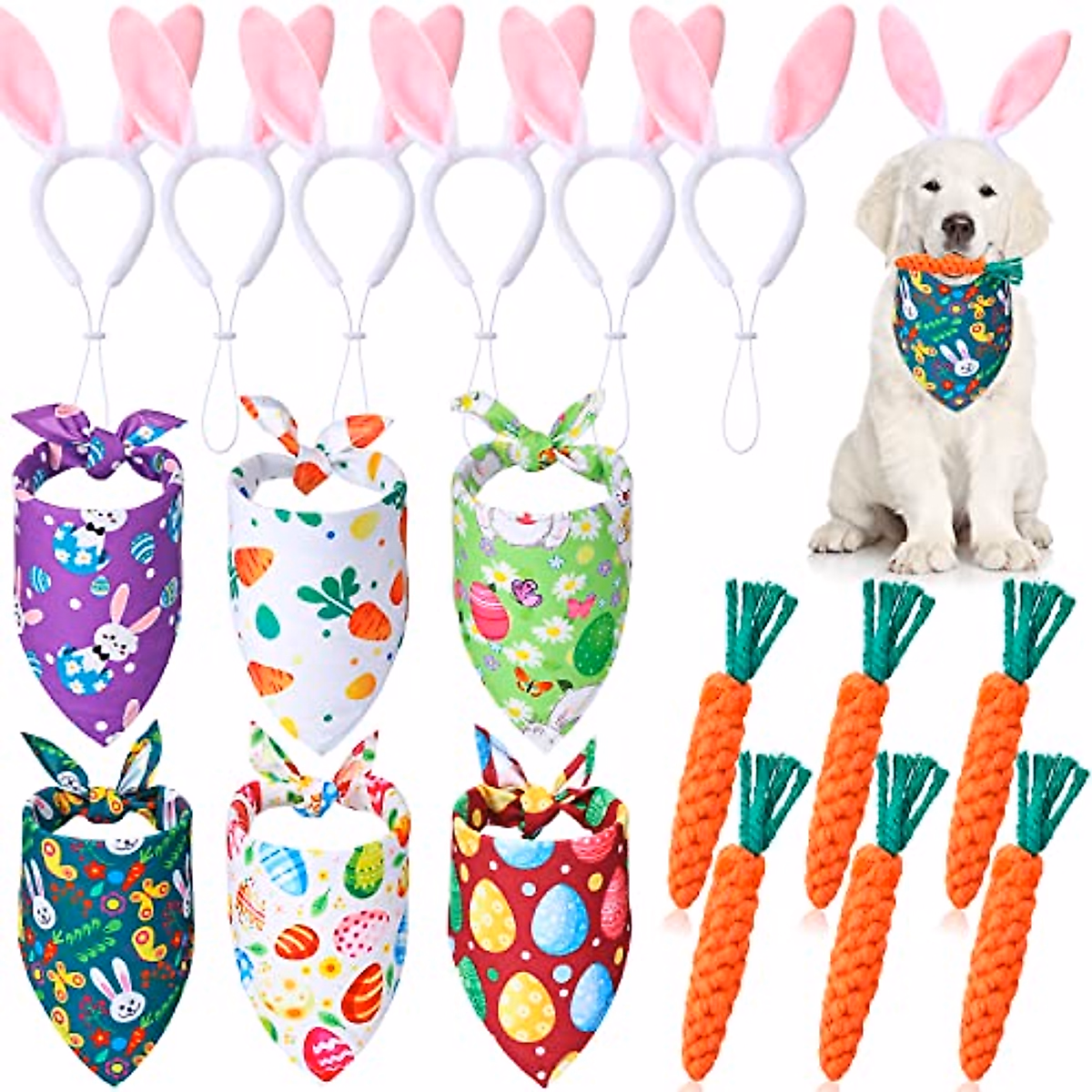18 Pieces Easter Dog Costumes Including Easter Bunny Ears Headband Easter Dog Bandanas Dog Rope Toys Carrots Puppy Teething Chew Toys for Small Medium Large Dog Easter Party Costume Accessory