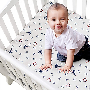 Brandream Baby Crib Bedding Set for Boys Coastal Ocean Anchor Nautical Boys Nursery Bedding Set with 2 Packs Crib Sheets, White & Navy Blue, 4 Pieces Sail Away Theme
