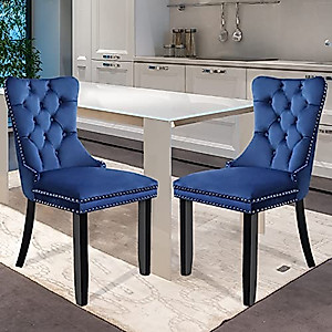 Wonder Comfort Velvet Upholstered with Nailhead Back and Ring Pull Trim Solid Wood Dining Chairs Set of 2, 19.724.437.4, Blue
