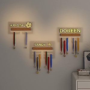 Personalised Light up Medal Hanger Display, Ammonite Holder Rack for Awards or Ribbons, Personalized Sports Themed Ribbon Holder for Wall, Tiered Award Rack (Customize)
