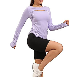 Aurgelmir Women's Casual Crewneck Workout Shirts Long Sleeve Cutout Solid Athletic Running Yoga Tops with Thumb Holes Purple