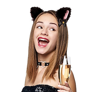 Whaline Black Cat Ear Headband with Bell Heart Chocker Necklace Girl Plush Furry Cat Ear Hair Band for Girl Women Adult Cosplay Party Fancy Dress Halloween Drama, 2Pcs