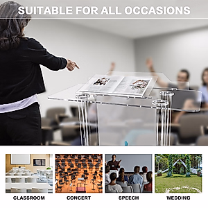 Church Pulpit with Hollow Cross Design,Led Acrylic Church Podium with Wheels& Vertical Reading Platform, 46”Transparent Lecterns for Churches,Classroom and Weeding