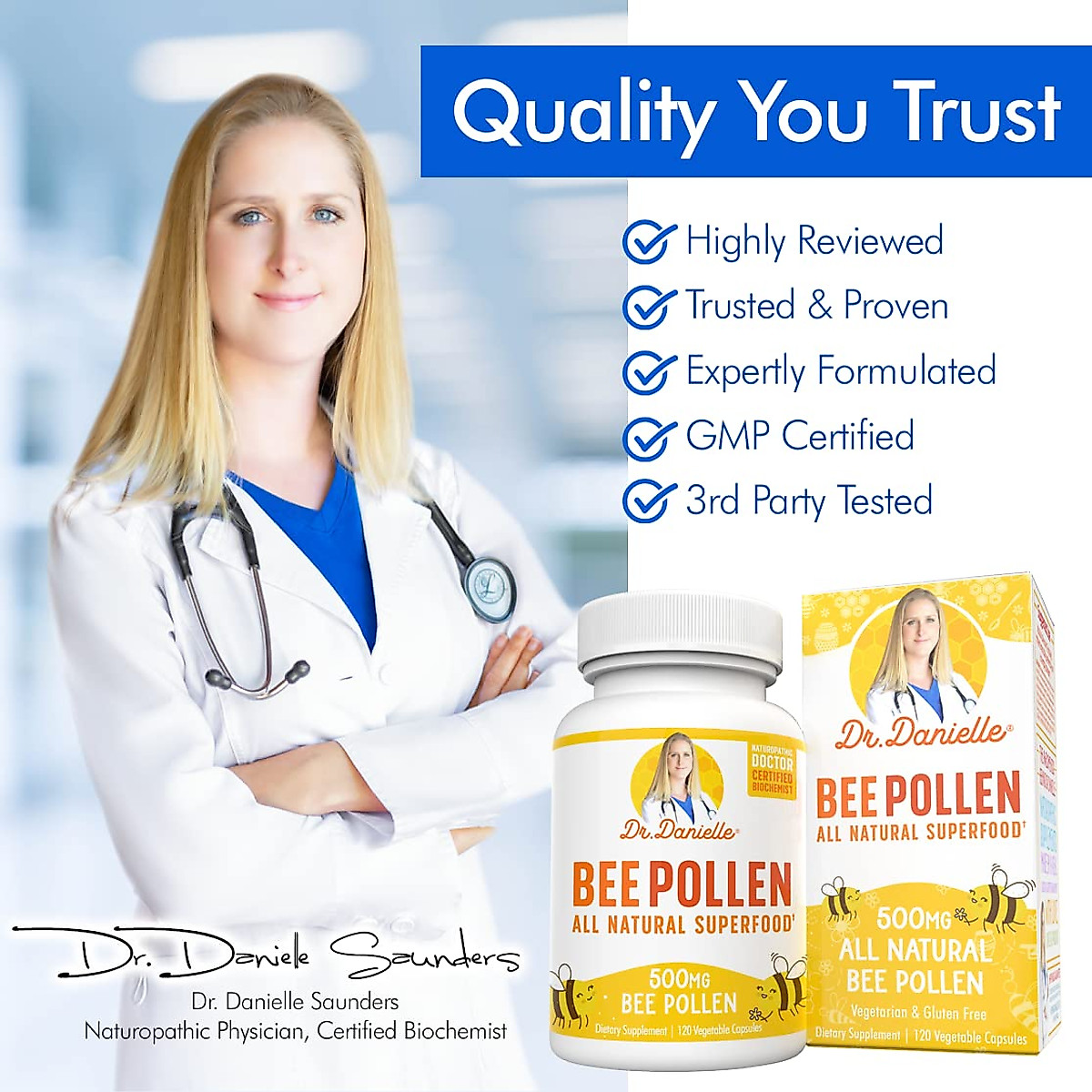 Bee Pollen from Dr. Danielle, Natural Bee Pollen Supplement, 500mg, 120 Veggie Capsules