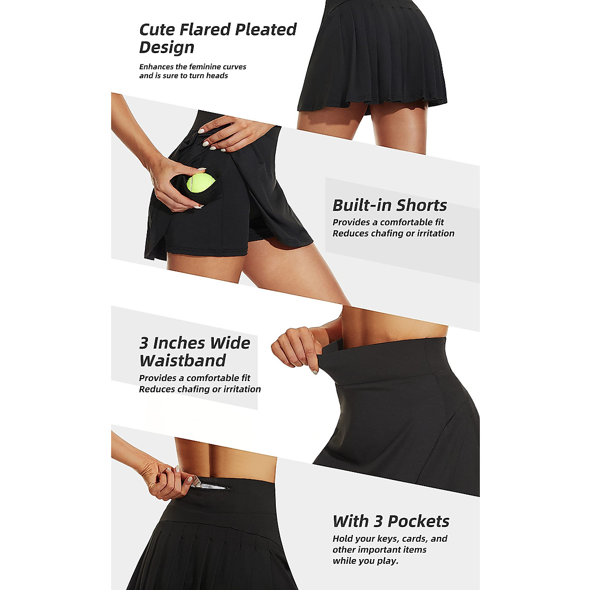 Betaven Pleated Tennis Skirts for Women with Pockets Build in Shorts Golf Skort High Waisted Athletic Running Activewear,A-Black,Medium