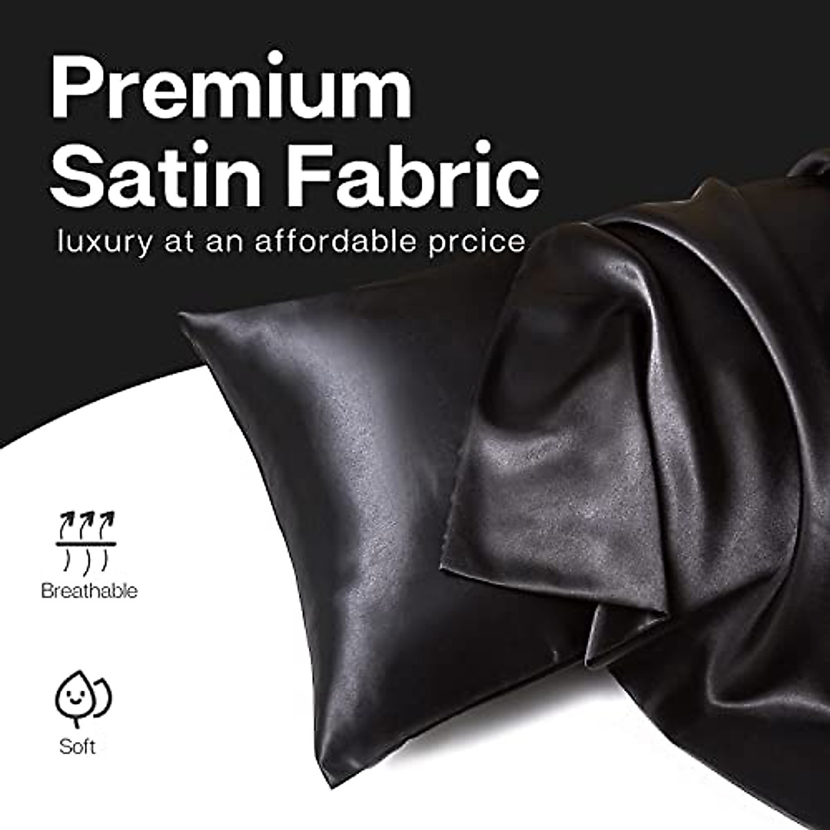 MR&HM Satin Pillowcase for Hair and Skin, Silk Satin Pillowcase 2 Pack, Queen Size Pillow Cases Set of 2, Silky Pillow Cover with Envelope Closure (20x30, Black)