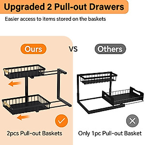 Under Sink Organizer and Storage, 2-Tier Pull Out Cabinet Organizers Shelf, Metal Sliding Drawers Shelves for Kitchen Bathroom Closet Organization, 2 Pack