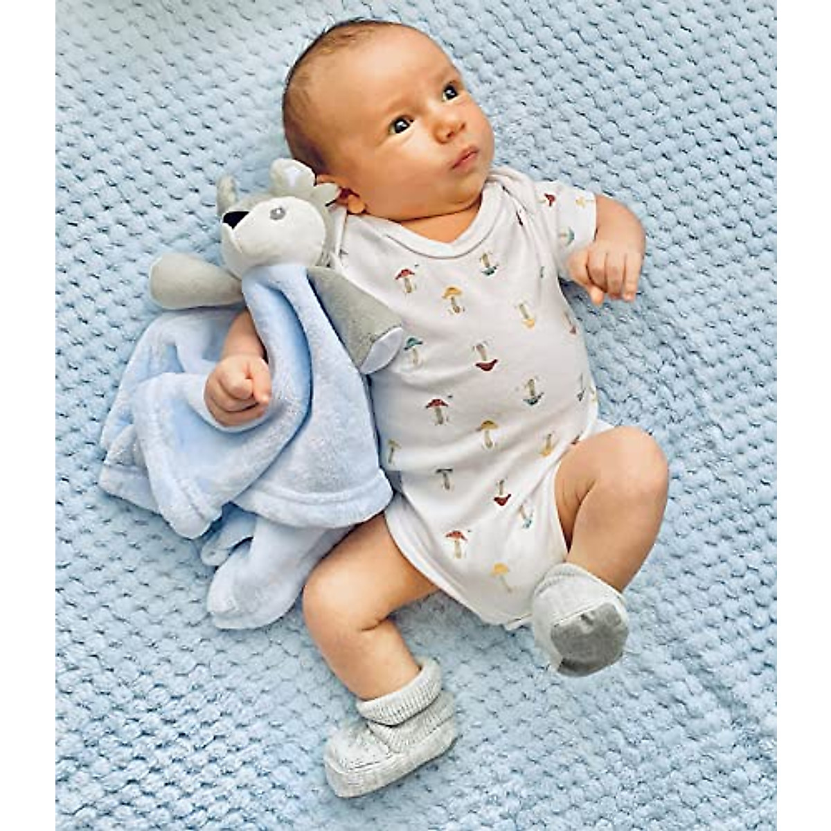 Baby Boy Gift Set New Born Baby Gift Baby Blue Deer Fawn Security Blanket Soft Fleece, Suitcase Keepsake Box Blanket Booties & Baby Gift Basket – Unique Present for Baby Shower & Newborn Lovey Welcome