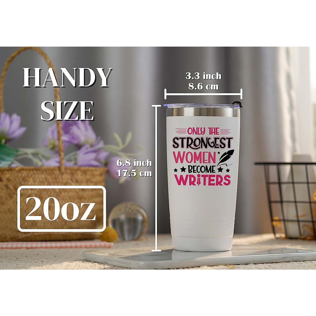 Onebttl Writer Gifts for Women - 20oz/590ml Stainless Steel Insulated Tumbler with Straw - Graduation/Birthday/Christmas Gift for Writers, Novelist, Scriptwriter - Strongest, White