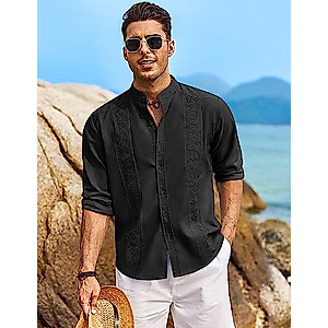 COOFANDY Mens Cuban Guayabera Shirt Casual Summer Shirt Band Collar Linen Beach Shirt, Black, XX-Large, Long Sleeve