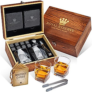Whiskey Stones Gift Set by Royal Reserve | Artisan Crafted Chilling Rocks Scotch Bourbon Glasses and Slate Table Coasters – Gift for Guy Men Dad Boyfriend Anniversary or Retirement Regalos para hombre