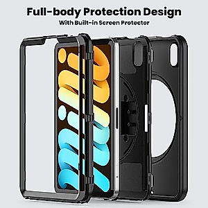 SEYMAC iPad Mini 6 Case 2021 Mini 6th Generation Case, Shockproof Protective Mini 6 Kids Case with Pencil Holder Screen Protector Hand Strap Stand Case for iPad Mini 6th Gen 8.3 Inch 2021, Black