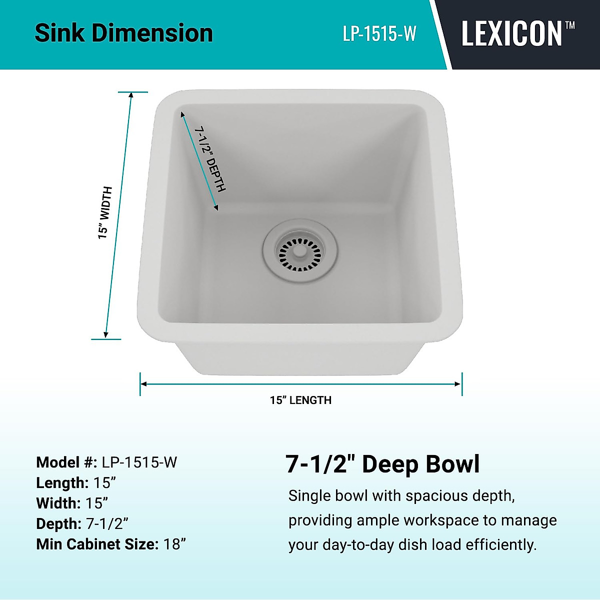 15" x 15" Quartz Kitchen Sink, Single Bowl Kitchen Sinks, Drop in Kitchen Sink, Granite Composite Kitchen Sink, Undermount Sink, Galaxy White Kitchen Sink, Includes Grid, Strainer, Flange, LP-1515-W
