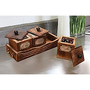 Wooden Handcrafted Tea Sugar Coffee 3 Canister Set with holder for Food Storage, Rustic Vintabe Farmhouse Country Home Décor - 10.5 x4 x4 Inches - Burnt