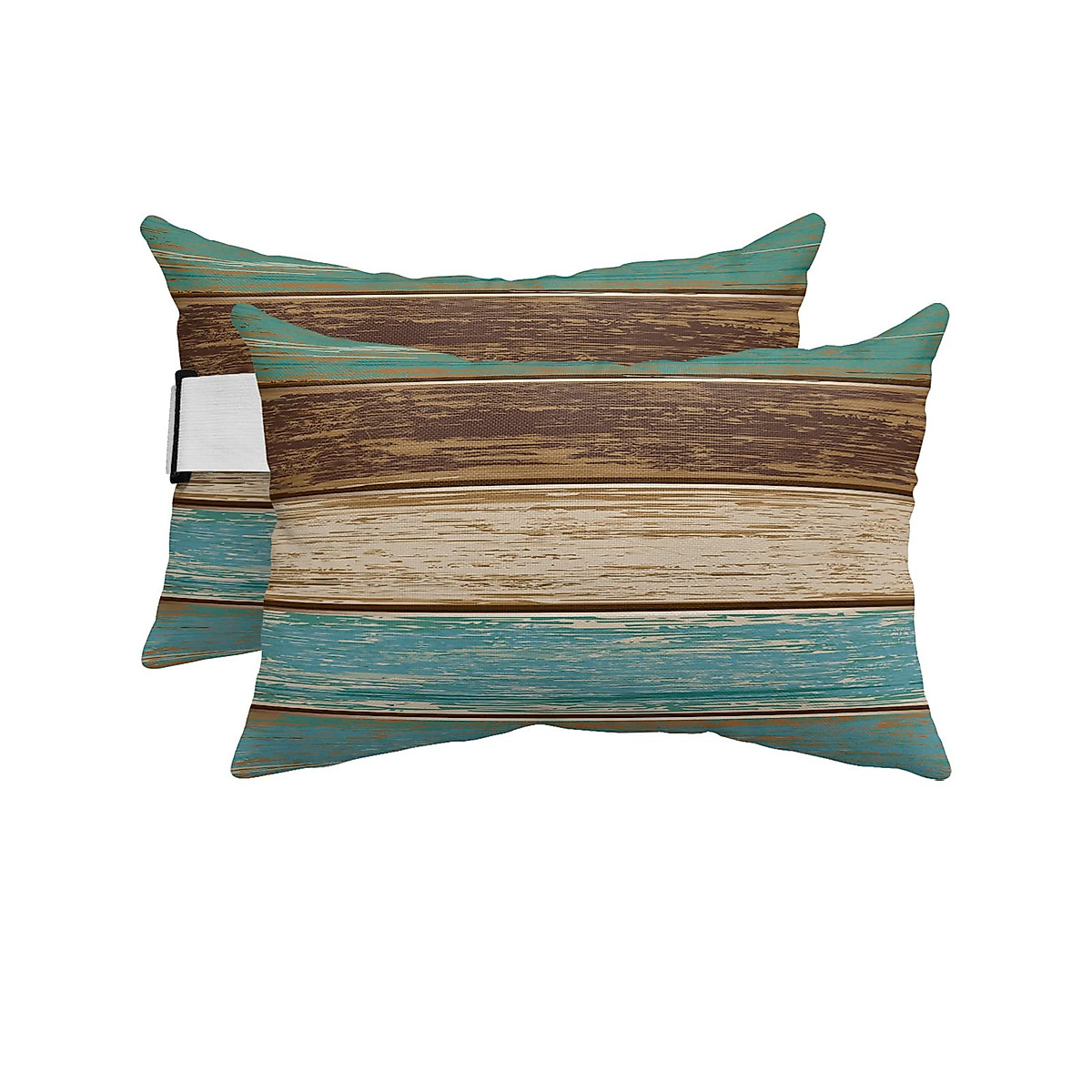 Teal Wood Grain Outdoor Chaise Lounge Head Resting Pillows 2 Pack, Farm Teal Brown Wooden Board Waterproof Patio Furniture Pillow with Insert Adjustable Elastic Stripe for Recliner Beach Chairs