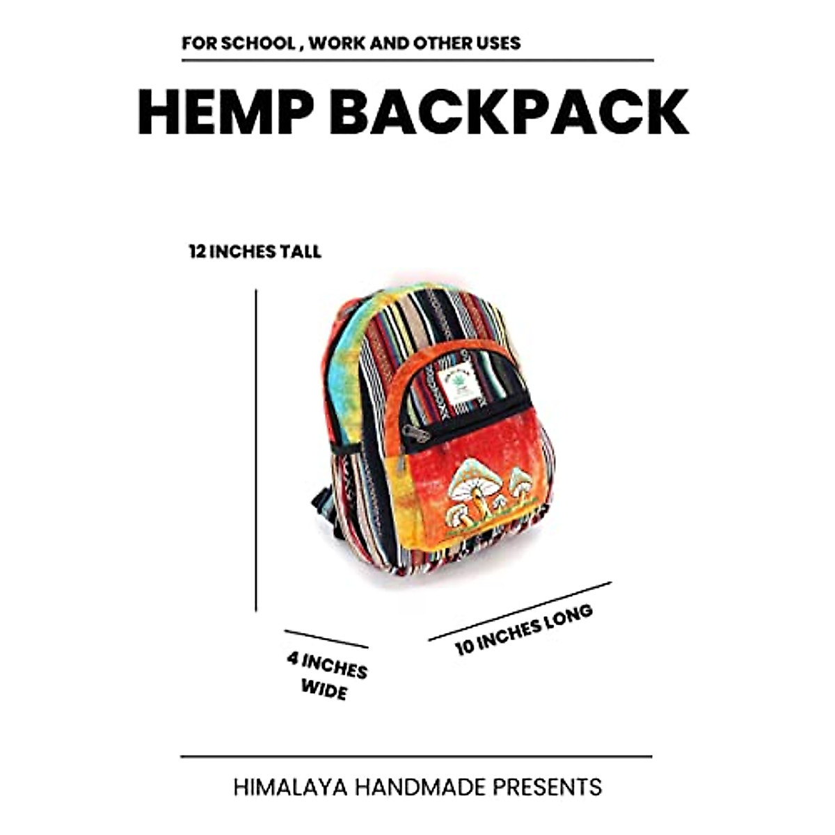 Himalaya Handmade Unique design Himalaya Hemp Backpack Small Backpack Hippie Backpack Festival Backpack Hiking & Tablet Backpack FAIR TRADE Handmade with Love, Rainbow, HBBH-0150