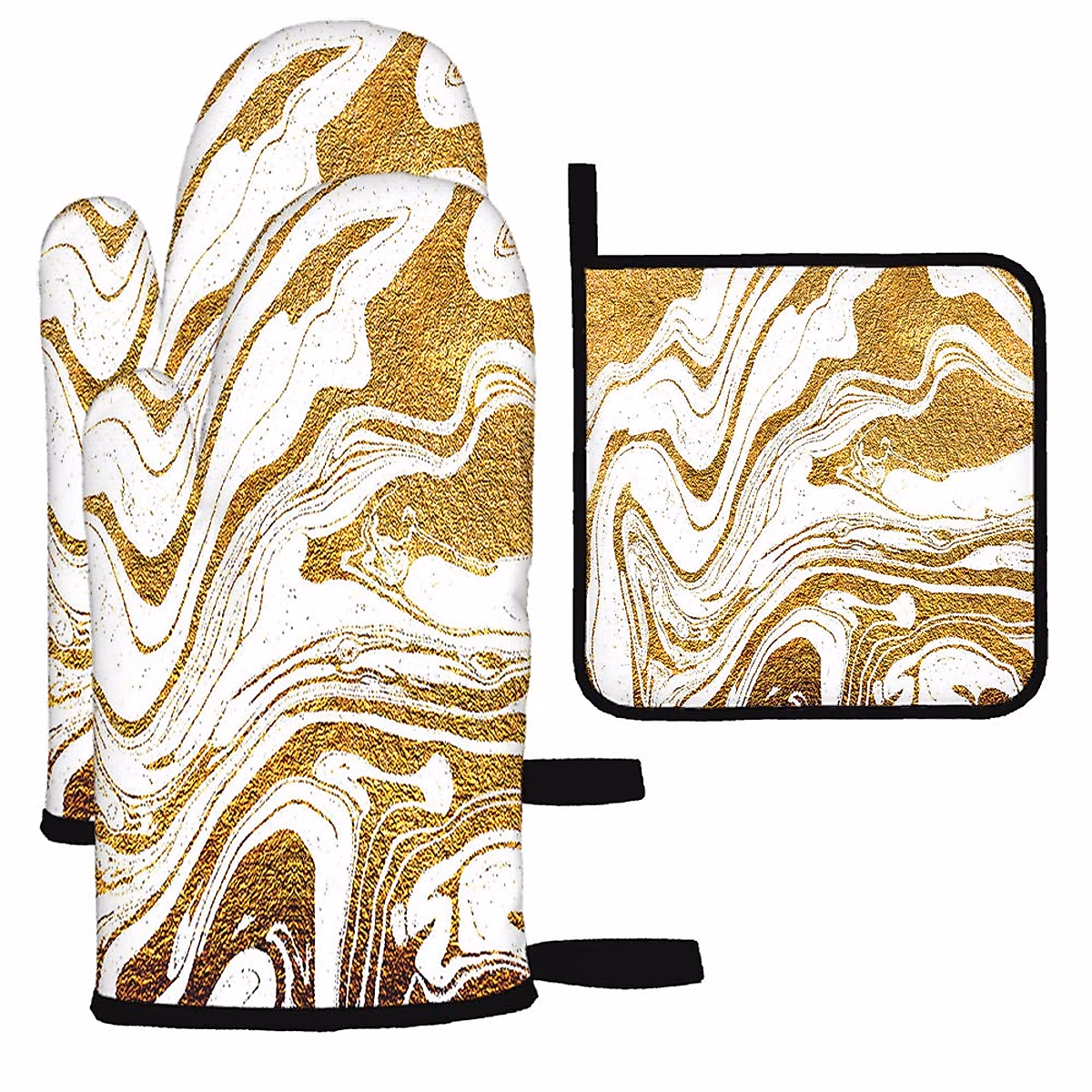 AOYEGO Golden Swirl Oven Mitts and Pot Holders Set of 3 Japanese Marble White Gold Brush Kitchen Heat Resistant Gloves Pad for Cooking BBQ