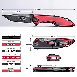 GRAMFIRE Pocket Knife 8.4'' Tactical Assisted Folding Knife, with 4'' D2 Stainless Steel Blade G10 High Hardness Handle, Outdoor Camping Hiking EDC Knives, ZA-F002 Red