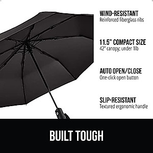 Gorilla Grip Compact Travel Umbrella for Rain, Windproof Reinforced Fiberglass Ribs, Coated, Portable, One-Click Automatic Open and Close, Collapsible and Lightweight Small Umbrella, 42 Inch, Black
