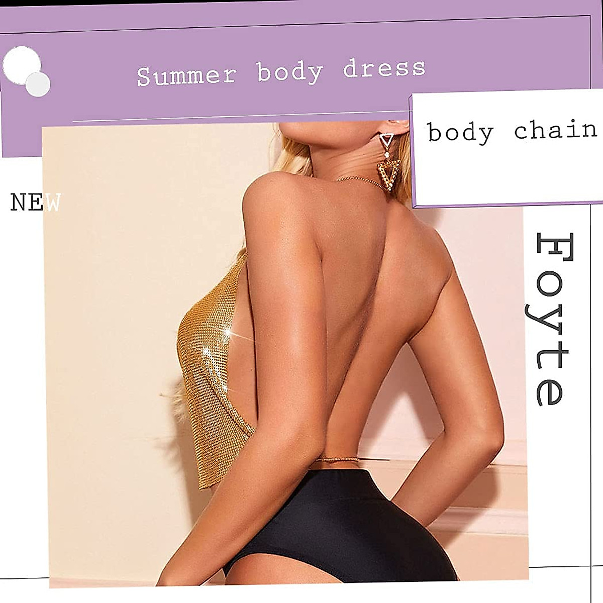 Fairyu Boho Sequins Body Chain Bra Bikini Shimmer Backless Halter Crop Top Beach Body Jewelry Accessory for Women and Girls (Gold)