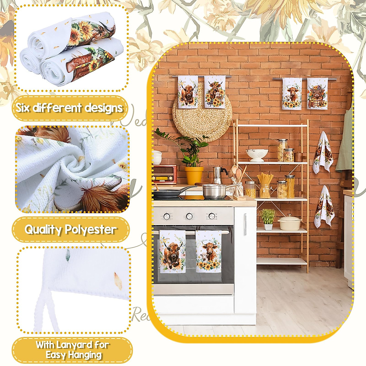 Redbaker Set of 6 Highland Cattle Kitchen Towels Highland Cow Themed Dish Towels Absorbent Farm Cattle Watercolor Floral Tea Towel Sunflower Hand Towels Housewarming Gift for Farmhouse Kitchen