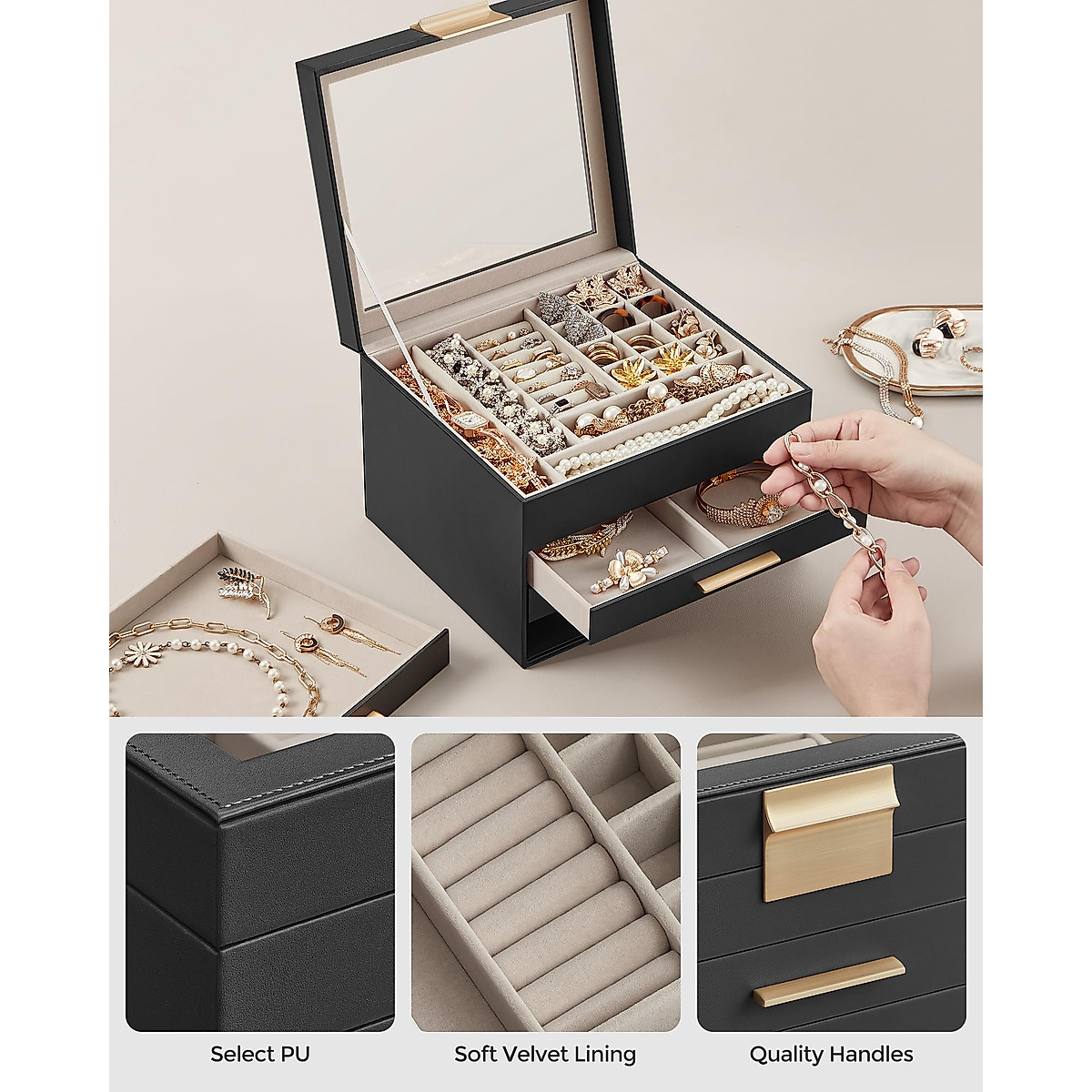 SONGMICS Jewelry Box with Glass Lid, 4-Layer Jewelry Organizer, 3 Drawers, for Big and Small Jewelry, Jewelry Storage, Modern Style, 8 x 9.1 x 6.5 Inches, Graphite Black and Gold Color UJBC173B01