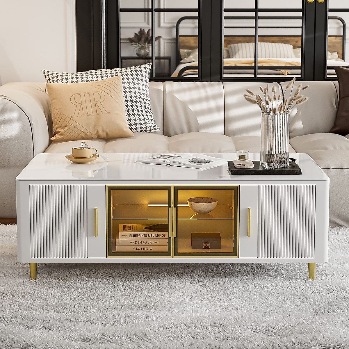 IKIFLY Modern Slate Coffee Table with 16 Colors LED Lights and Glass Doors, Durable Rectangle Design End Table for Living Room Bedroom