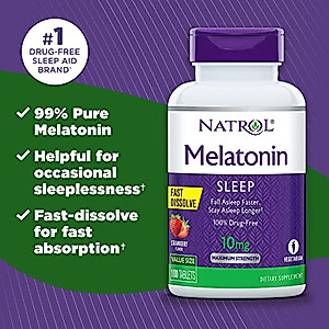 Natrol Melatonin Fast Dissolve Tablets, Helps You Fall Asleep Faster, Stay Asleep Longer, Easy to Take, Dissolve in Mouth, Strengthen Immune System, Maximum Strength, Strawberry Flavor, 10mg, 100Count