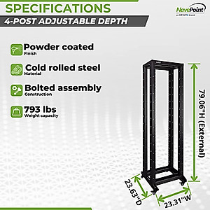 NavePoint 42U 4 Post Server Rack – Open Frame Rack for 19 Inch Equipment, Adjustable Depth 4-Post Network Rack Floor Mount, 42U Server Rack 793lbs Capacity, Black