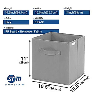 STORAGE MANIAC Storage Cubes, 11 Inch Collapsible Storage Bins with Handles, 6 Pack Fabric Foldable Bins for Organization, Durable Storage Bins for Closet, Shelves, Offices, Toys, Grey