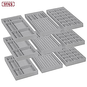 DIOMMELL Set of 9 Stackable Velvet Jewelry Trays Organizer, Jewelry Storage Box Display Trays Showcase Holder Closet Dresser Drawer Organizer for Earring Necklace Bracelet Ring Accessary