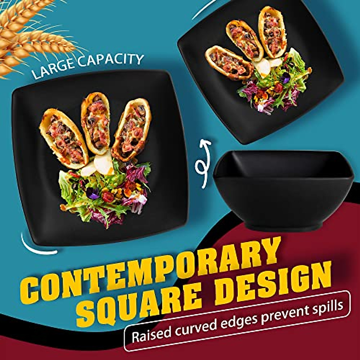 Teivio 24-Piece with flatware Kitchen Plastic Wheat Straw Square Dinnerware Set, Service for 6, Dinner Plates, Dessert Plate, Cereal Bowls, Cups, Unbreakable Plastic Outdoor Camping Dishes, Black