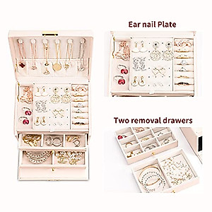DEZZIE Women's Jewelry Box, Senior PU Leather, 3 Layer Medium Sized Jewelry Storage Box with Lock. Portable Travel Jewelry case for Earrings Bracelets Rings-Light pink
