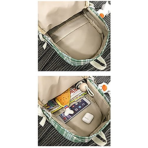 KOWVOWZ Kawaii Plaid Backpack with Pin Cute Cartoon Plush Pendant for Girl School Bag (Green)