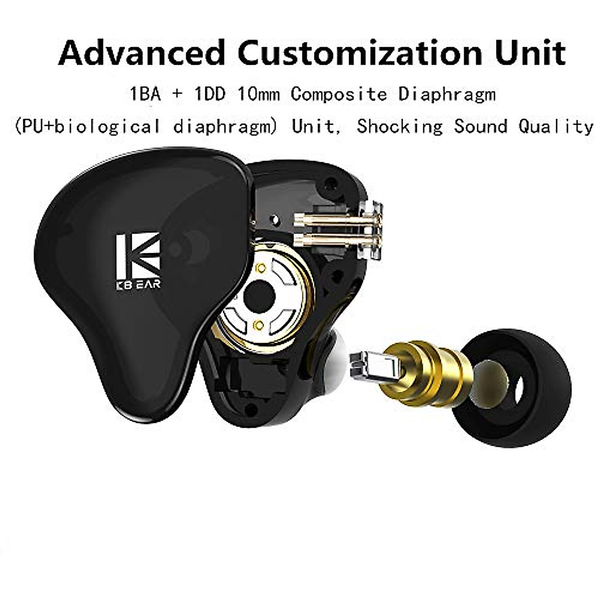 YINYOO KBEAR KS2 Earphones Stereo Bass in Ear Headphone, HiFi Over Ear Earbud in Ear for Drummers Noise Cancelling 1BA 1DD Hybrid IEM with Removable Cable for Running Walking (with mic, KS2 Black)