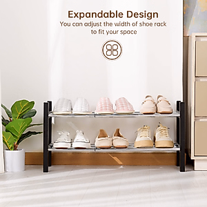 Nroech Expandable Shoe Rack Storage Organizer-Adjustable 2 Tier Wood and Metal Shoe Shelf Heavy Duty Free Standing Shoe Rack for Closet Bedroom Entryway (Black)